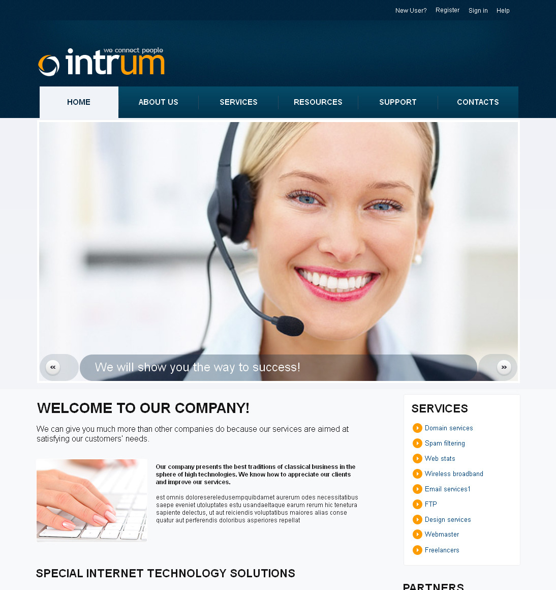 Communications Website Template with Dark Blue Header - MotoCMS