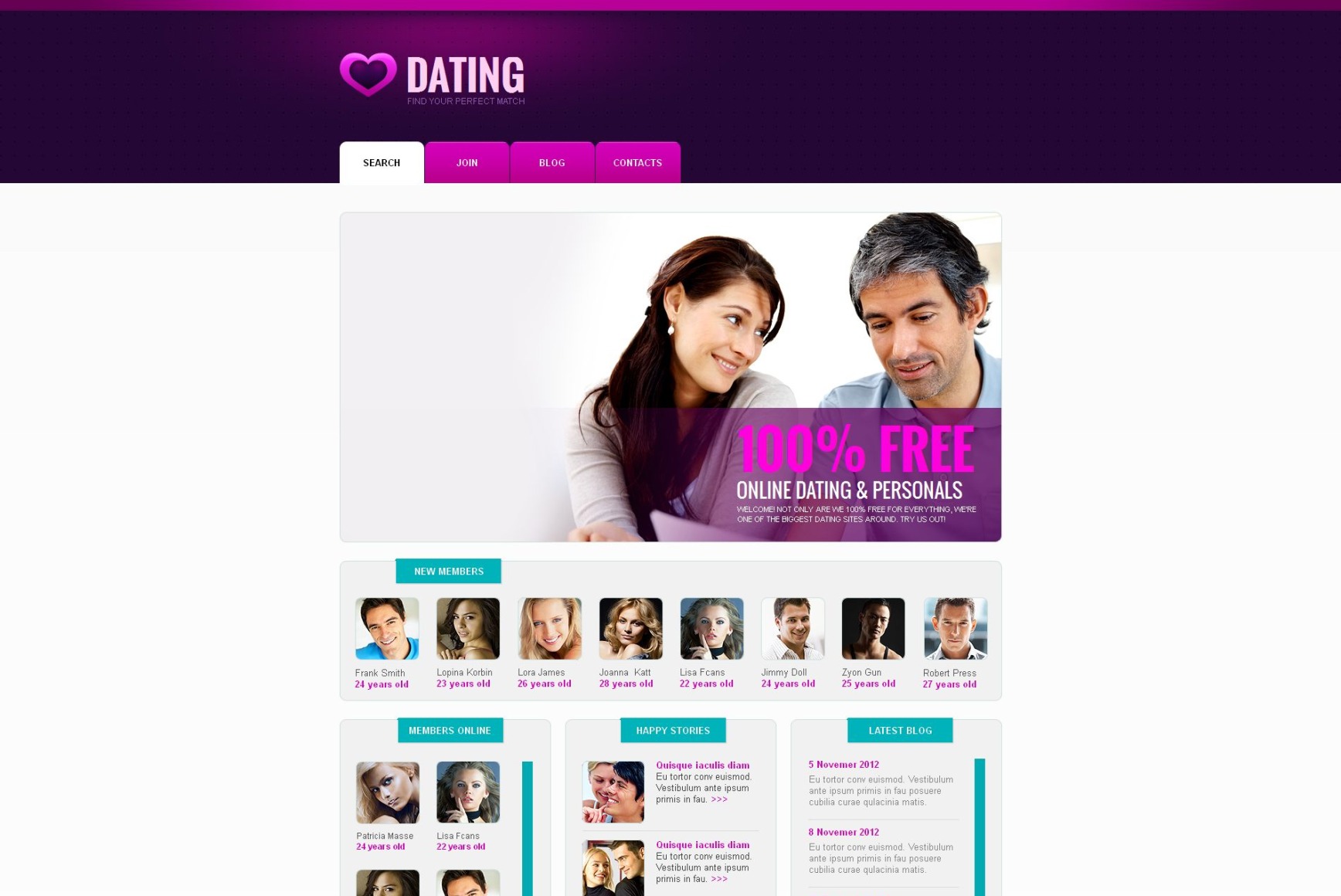 Dating Service Website Template with Purple Header - MotoCMS